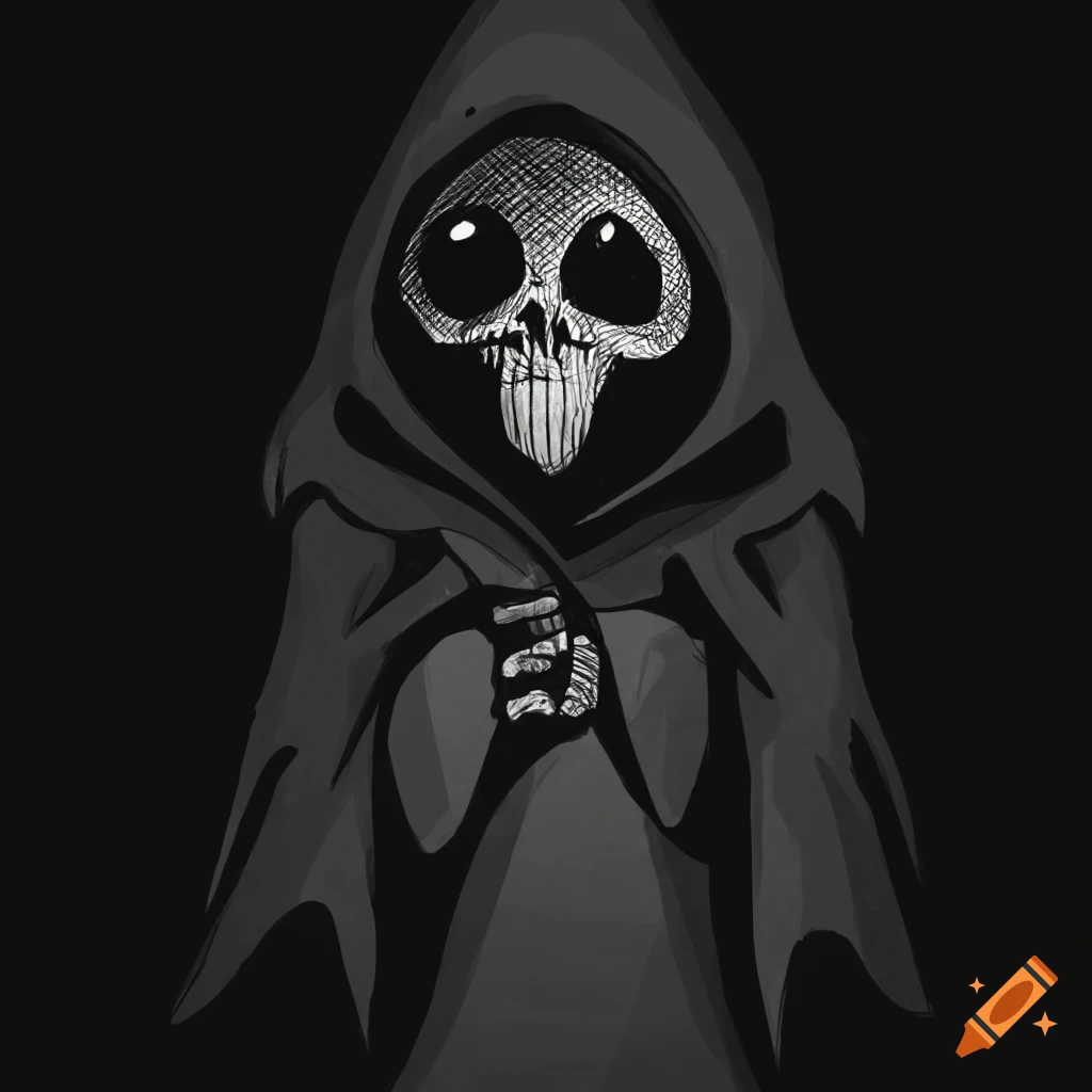 Cartoon sketch of grim reaper in dark grey cloak on Craiyon