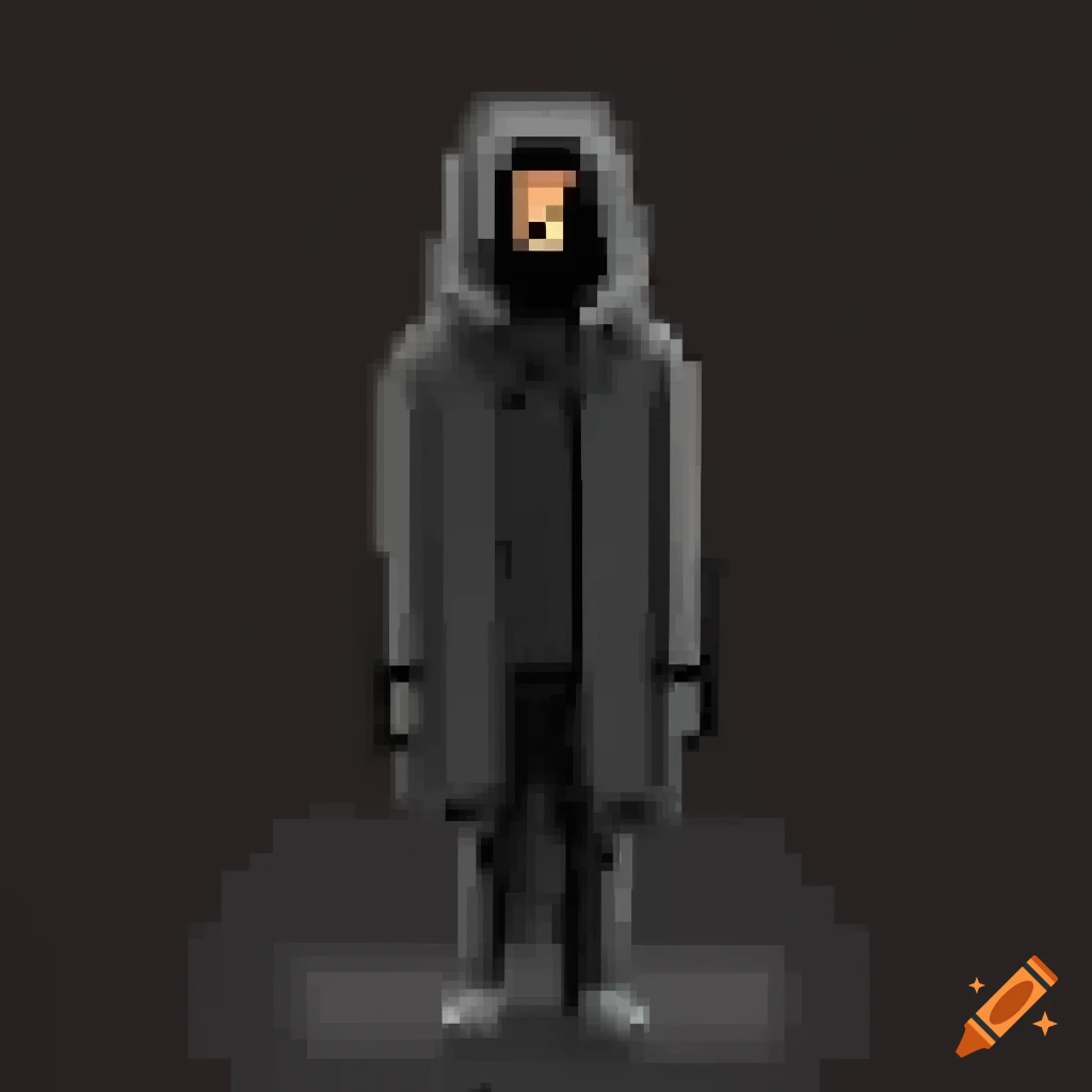 Pixel art of a stylish man in a dark hoody on Craiyon