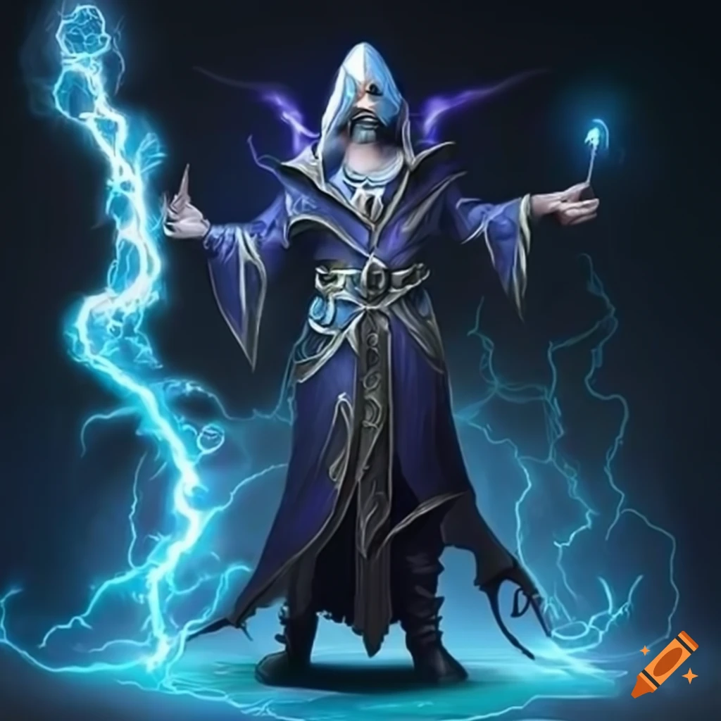 Image of a fantasy wizard in a lightning storm on Craiyon
