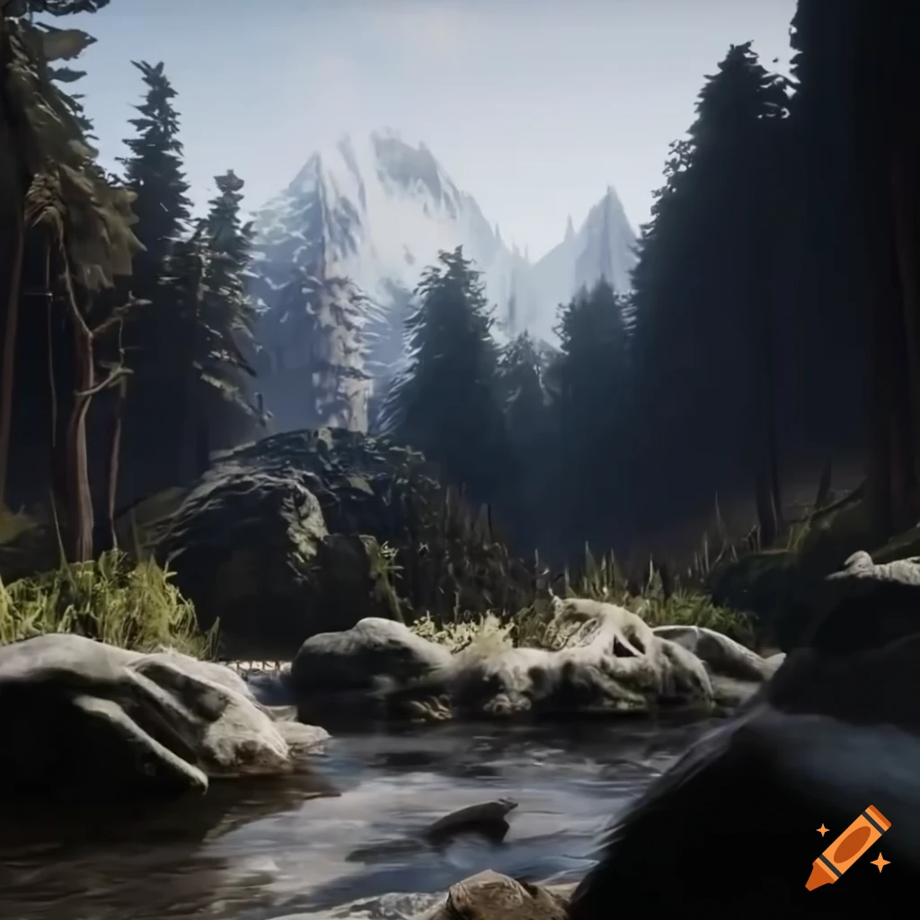 Unreal engine 5 mountains with taiga forest on Craiyon