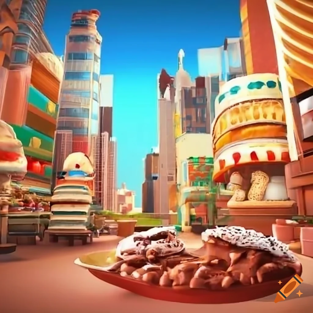 3d cityscape with food-themed buildings