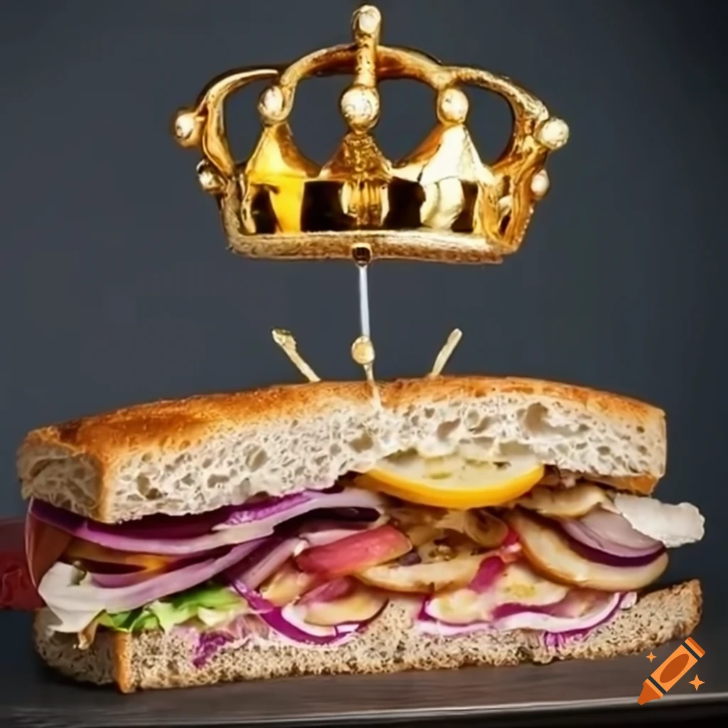 Personified sandwich with a golden crown