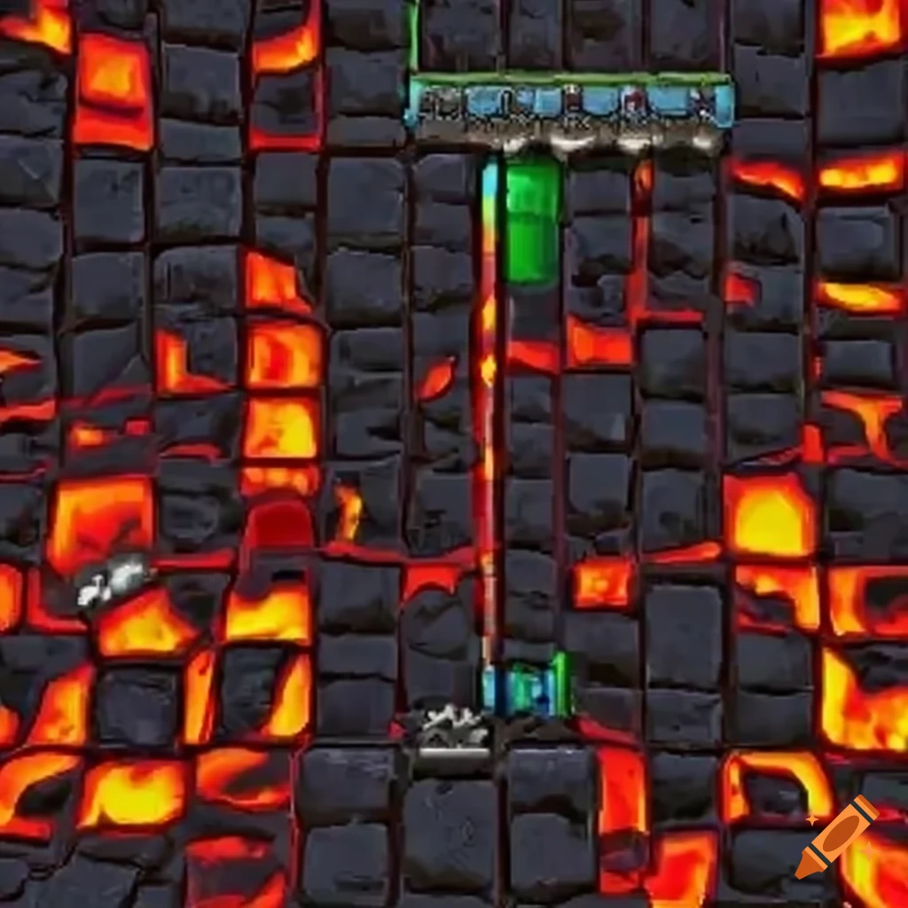 Pixel art platform tiles in a lava themed level on Craiyon