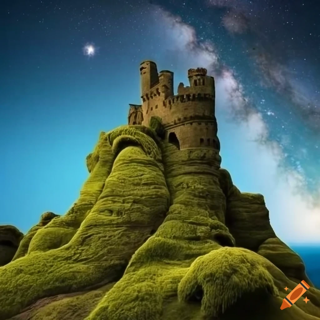Moss-covered sandstone castle under the milky way on Craiyon