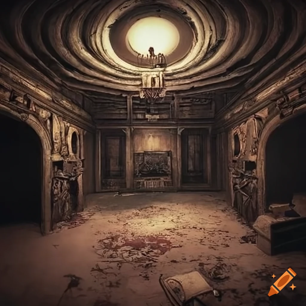 Image of a dark and eerie room with twisted architecture on Craiyon