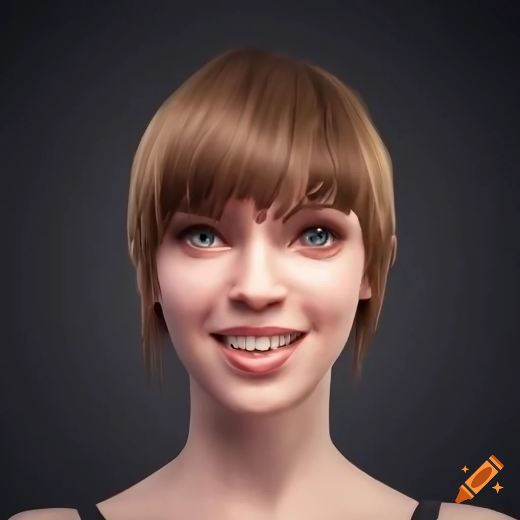 Portrait Of A Young Woman With Short Brown Hair And Turquoise Eyes