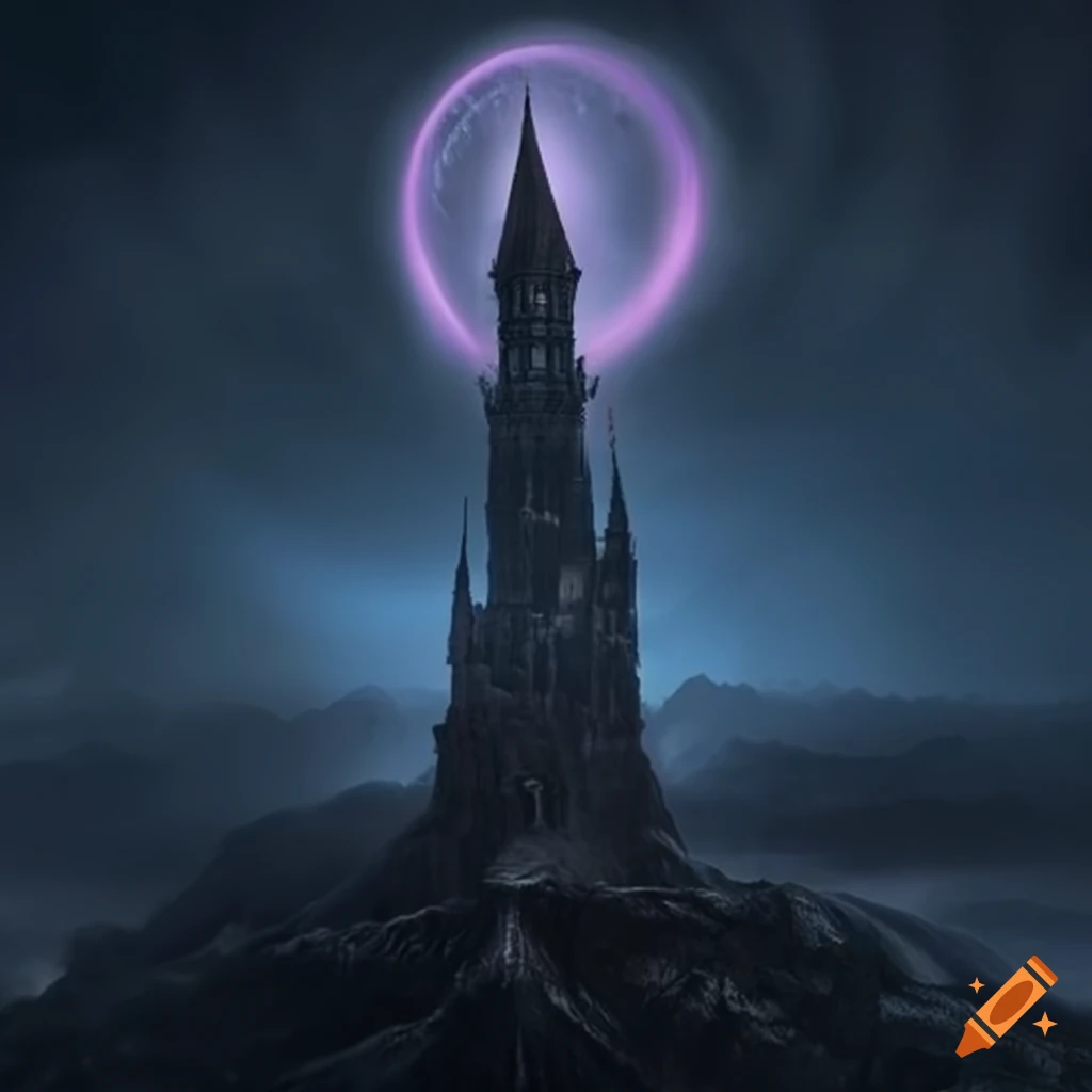 Detailed picture of the seven dark towers in a fantasy world at night ...