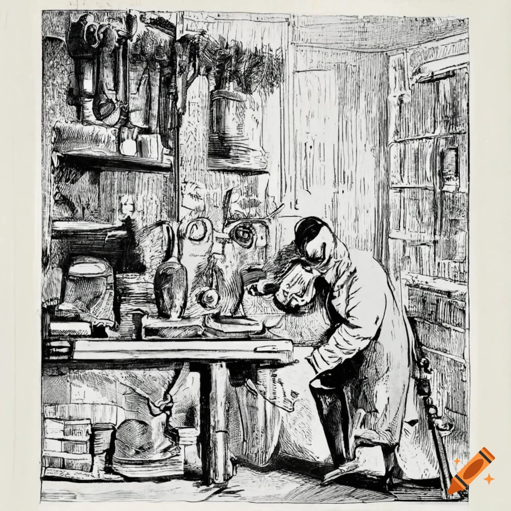 Black and white drawing of a keys maker in his shop