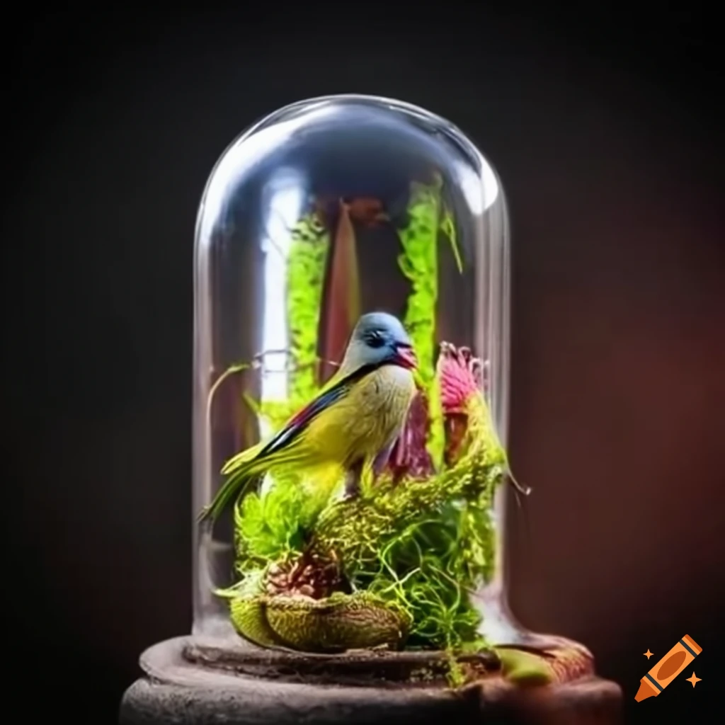 Exotic birds growing out of a carnivorous plant in a bell jar on Craiyon