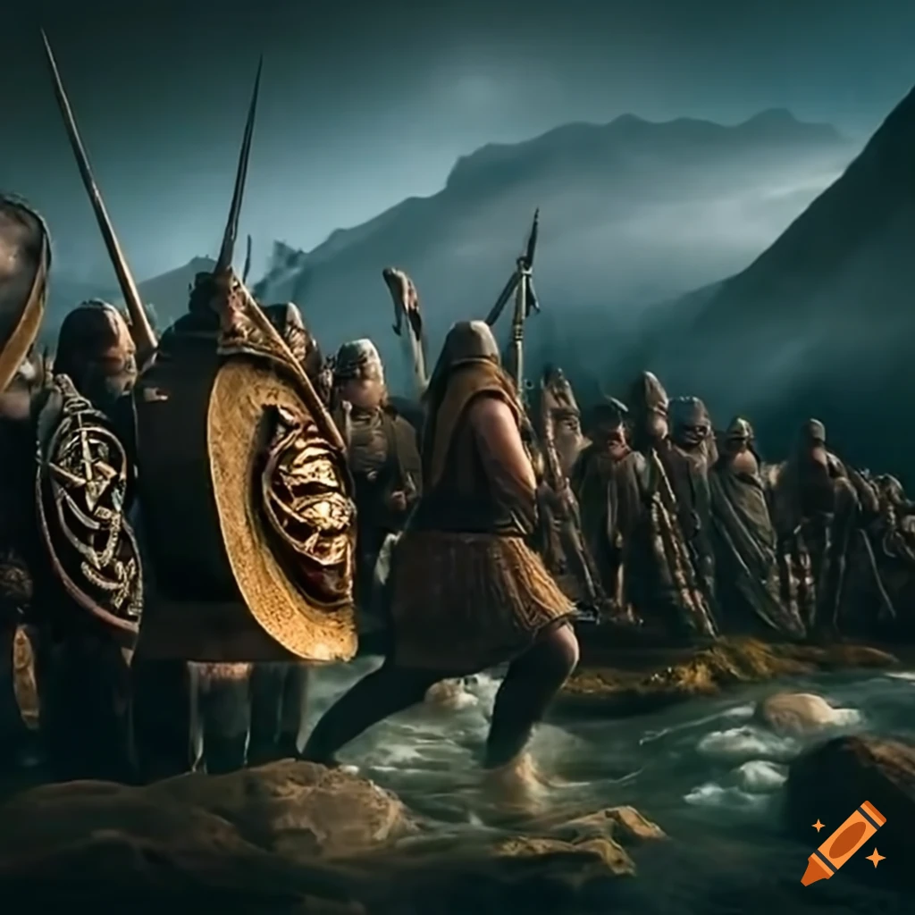 Photo of celtic soldiers crossing a river and mountain on Craiyon
