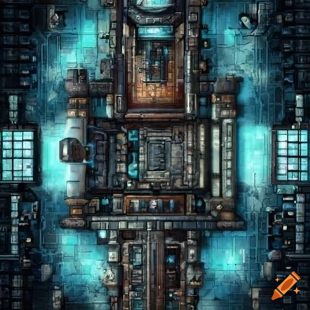 Top-down view of a detailed spaceship engine-room on Craiyon