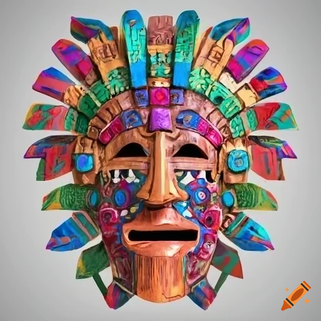 Colorful aztec mask with feathers on white background on Craiyon