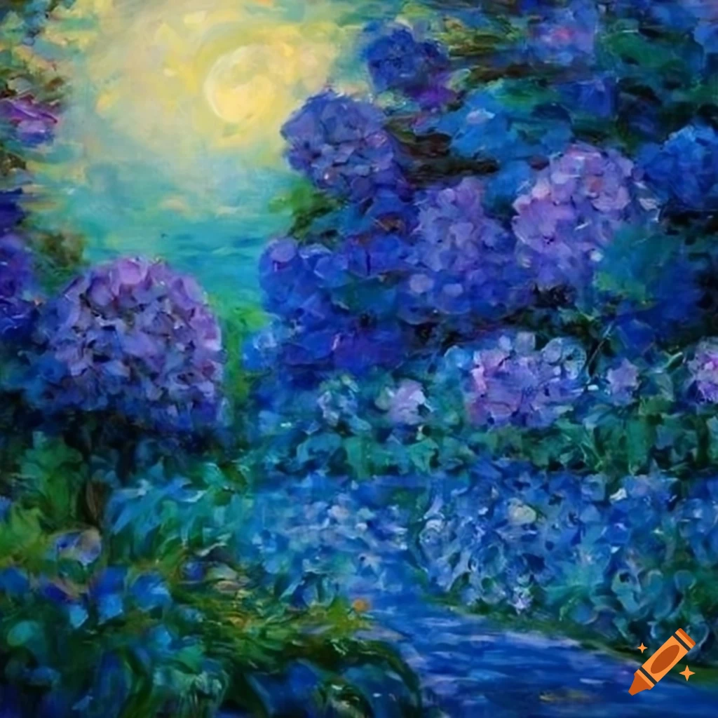 Monet painting of a dreamy garden with hydrangeas and fireflies on Craiyon