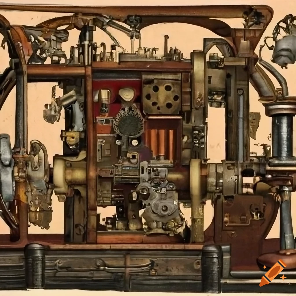 Detailed woodcut print of a complex 19th century steam-powered ...