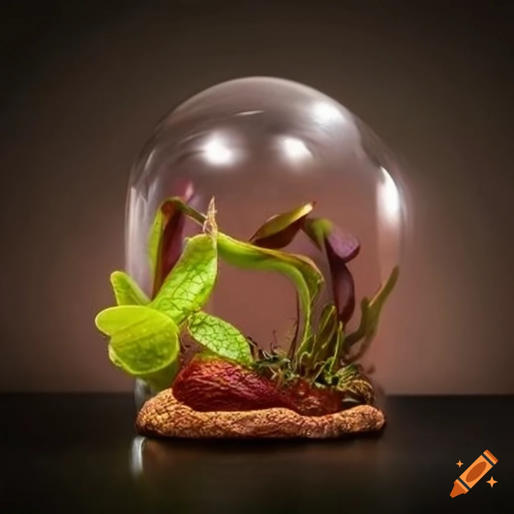 Carnivorous plant under a dome surrounded by christmas ornaments on Craiyon