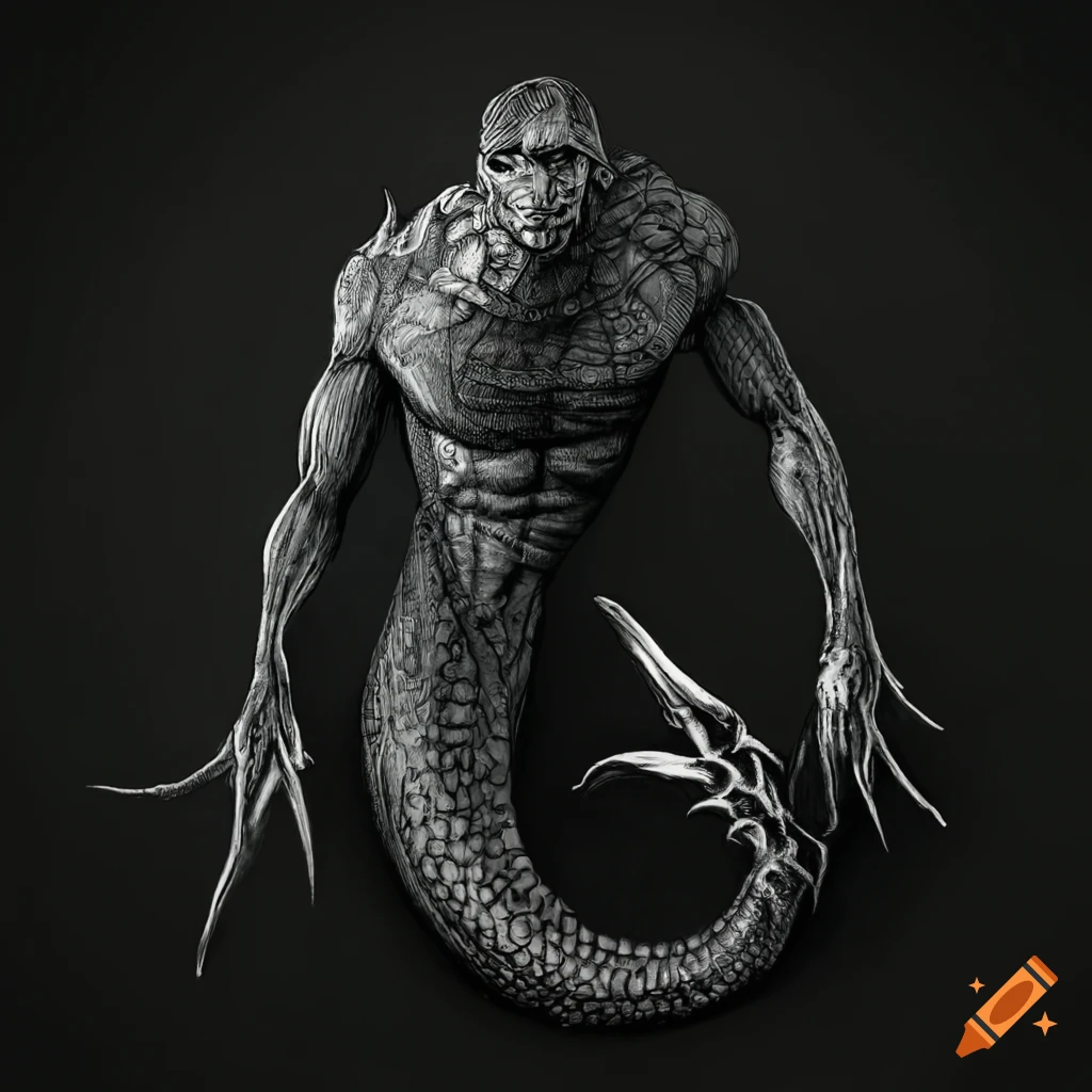 Detailed etching of a prehistoric merman monster on Craiyon