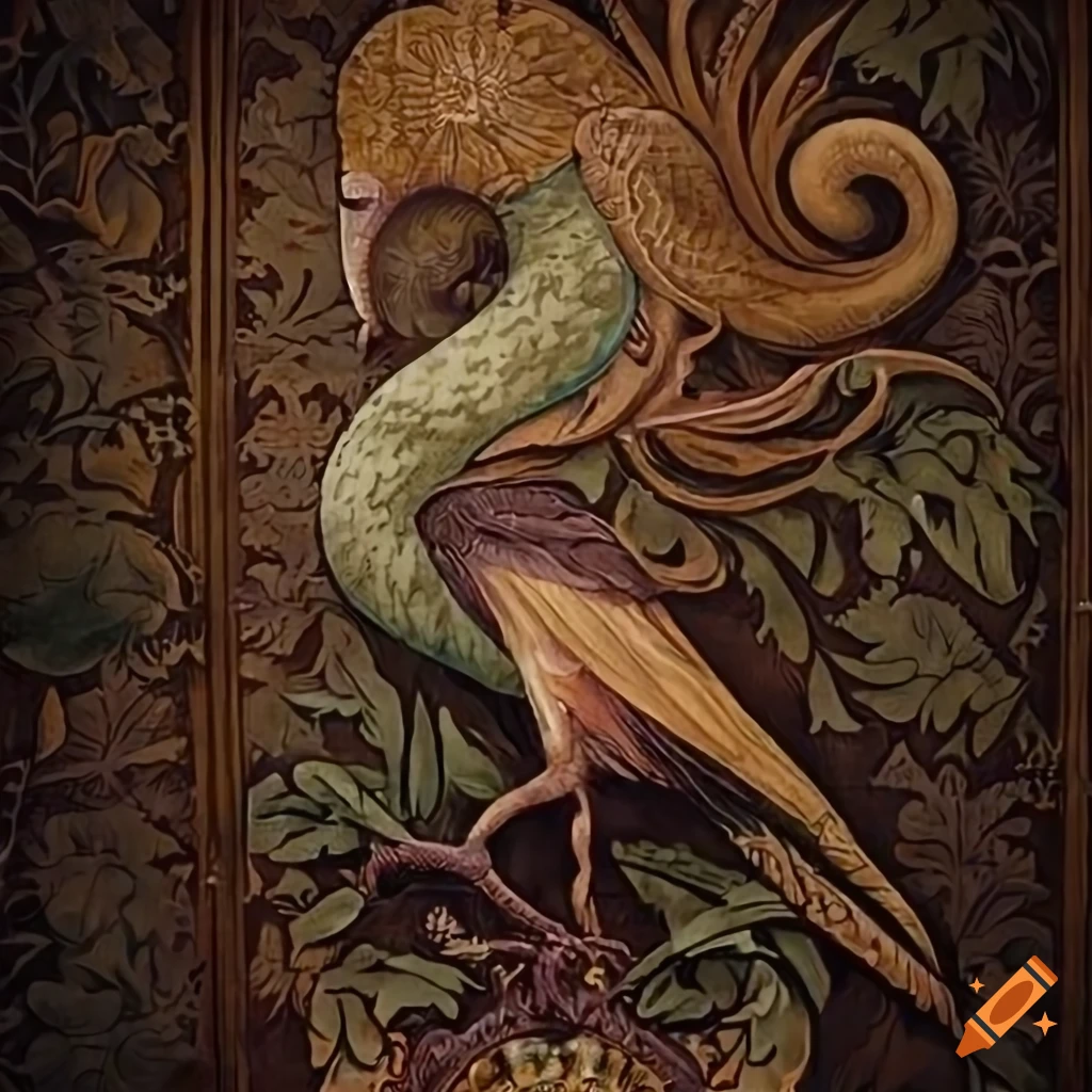 Unique illustration of a Bestiary creature in front of floral wallpaper ...
