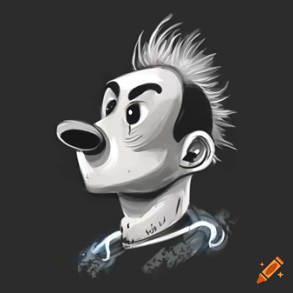 Black and white punk cartoon character with a mohawk on Craiyon