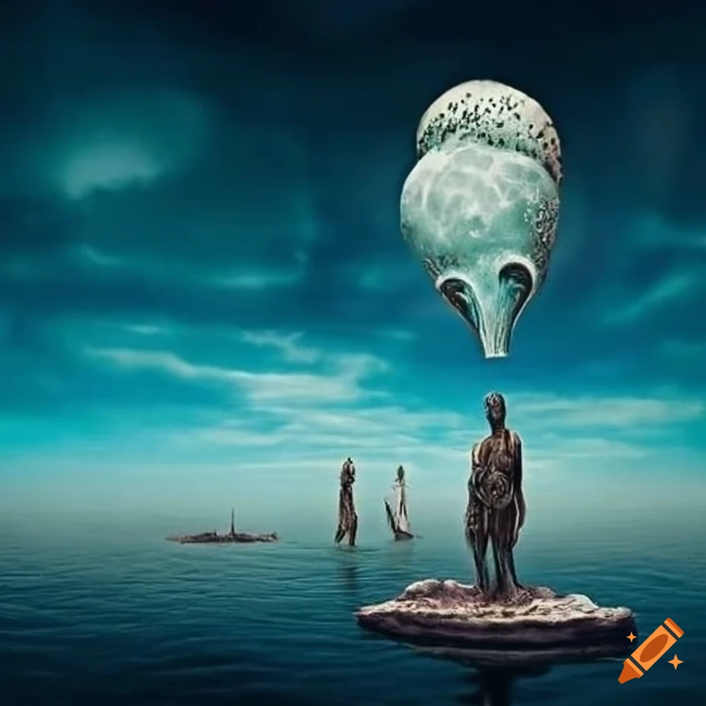 Surreal cityscape with strange creatures and cloud structures on Craiyon