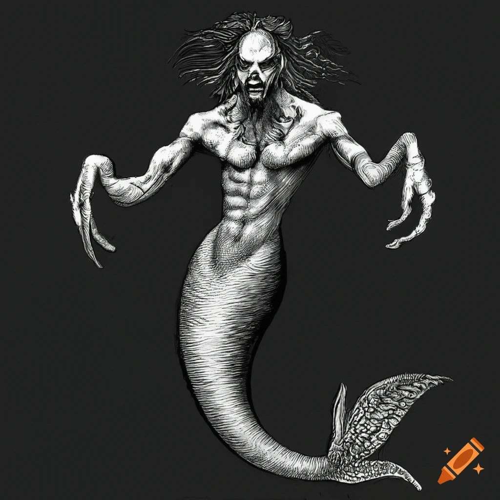 Detailed black and white etching of a lovecraftian merman monster on Craiyon