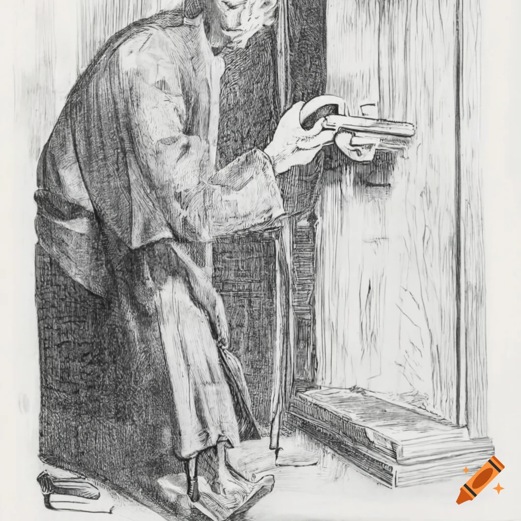 Black and white illustration of a locksmith at work on Craiyon