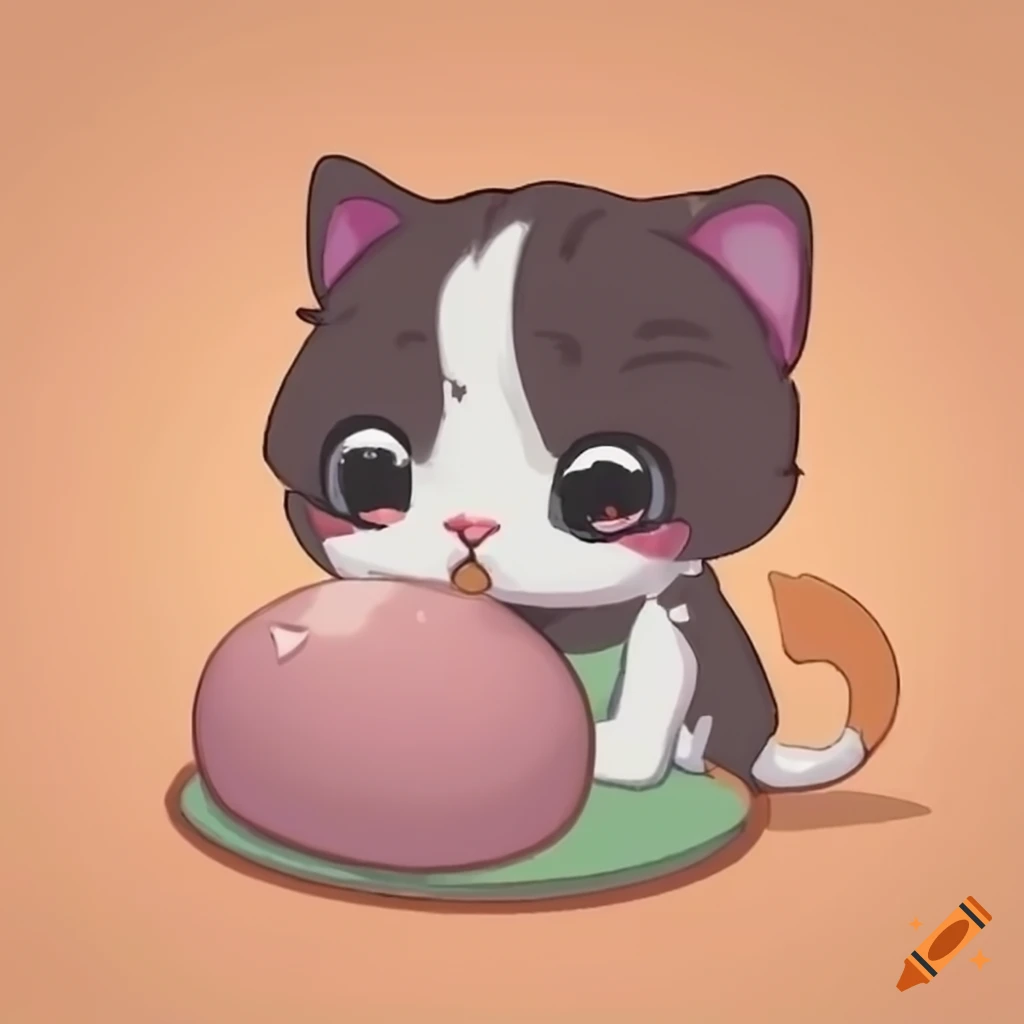 Chibi cat eating mochi in pastel colors
