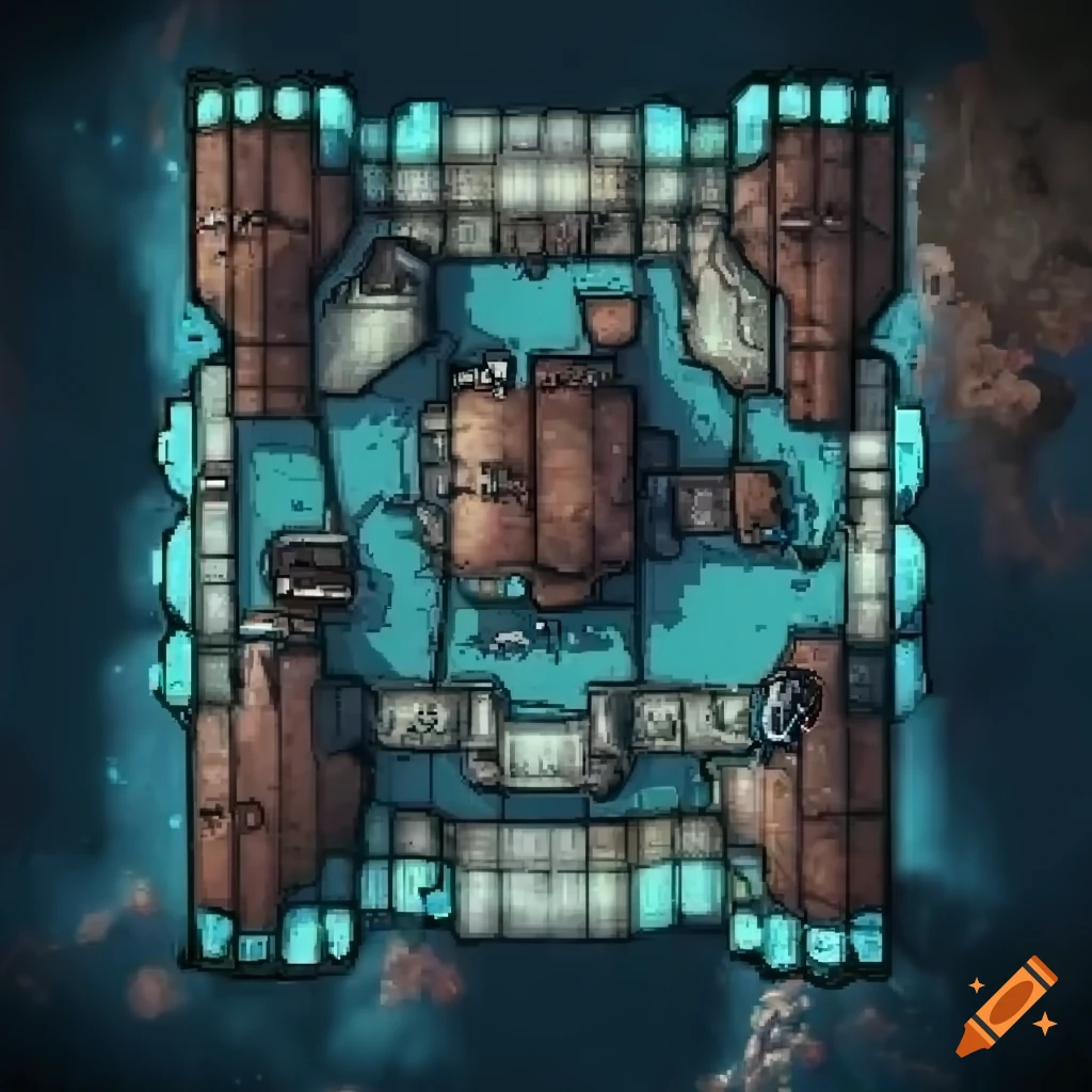 Top-down battle map of a spaceship engine room