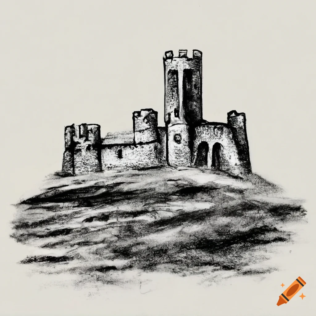 Charcoal drawing of a castle on moorland on Craiyon