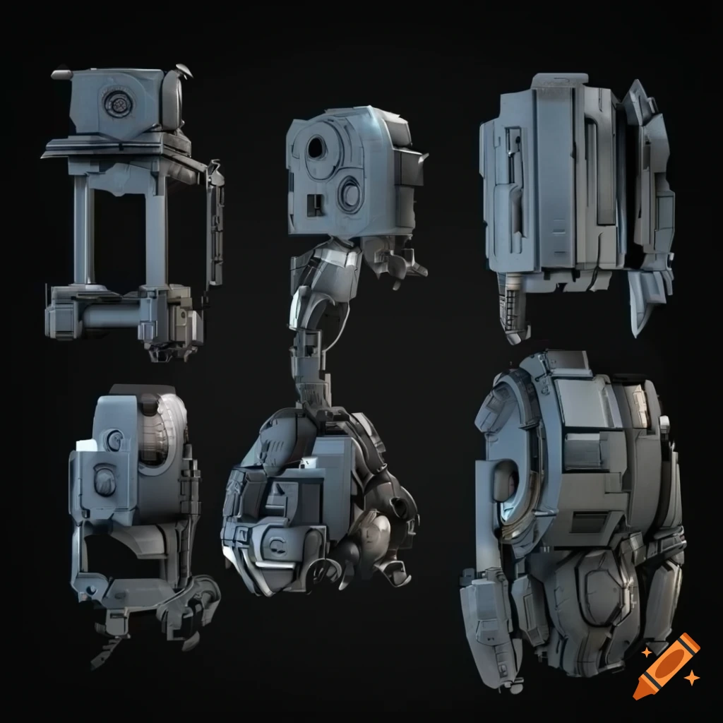 3d kitbash set of sci-fi robot parts on Craiyon