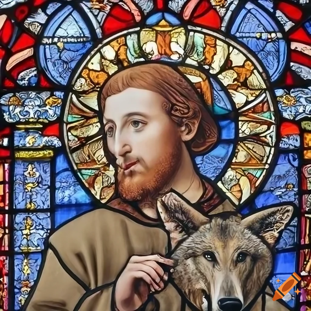 Stained glass artwork of Saint Francis and a wolf on Craiyon
