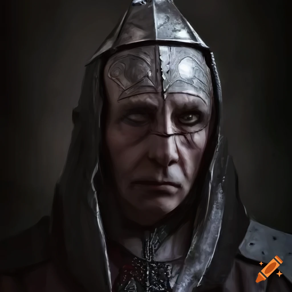 Dark gothic portrait of a sun priest on Craiyon