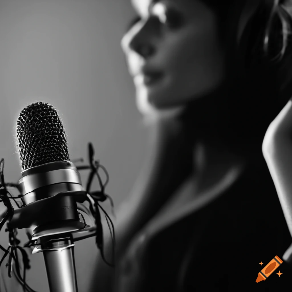 Black and white photo of a woman in a podcast room on Craiyon