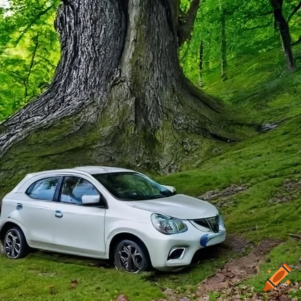 White etios hatchback car under an oak tree by the river on Craiyon