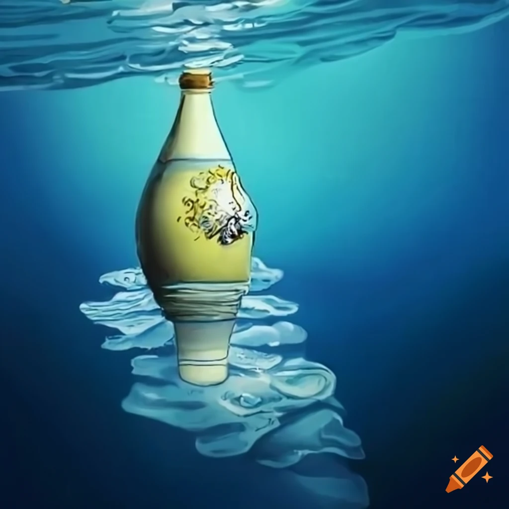 Surreal artwork of a floating bottle in a blue sea on Craiyon
