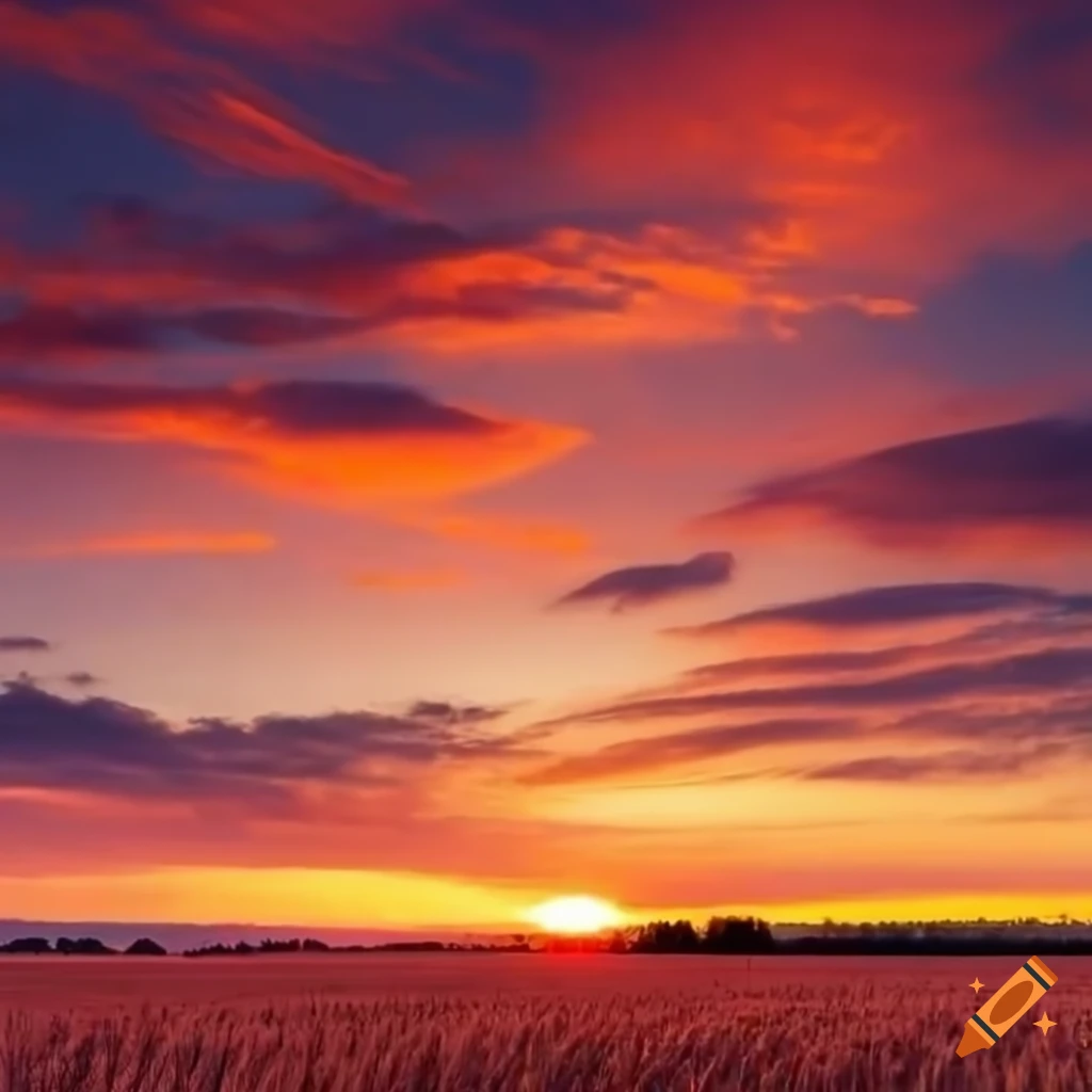 Red sunset over wheat field with unique clouds on Craiyon