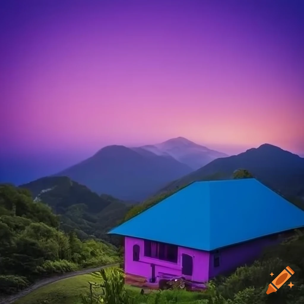 Villa with blue roof and purple wall on the mountains on Craiyon