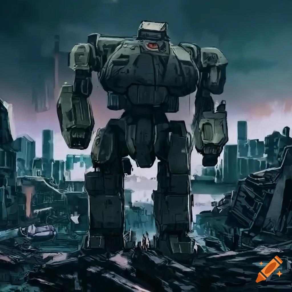 Anime-style Battletech Mauler in a futuristic city on Craiyon