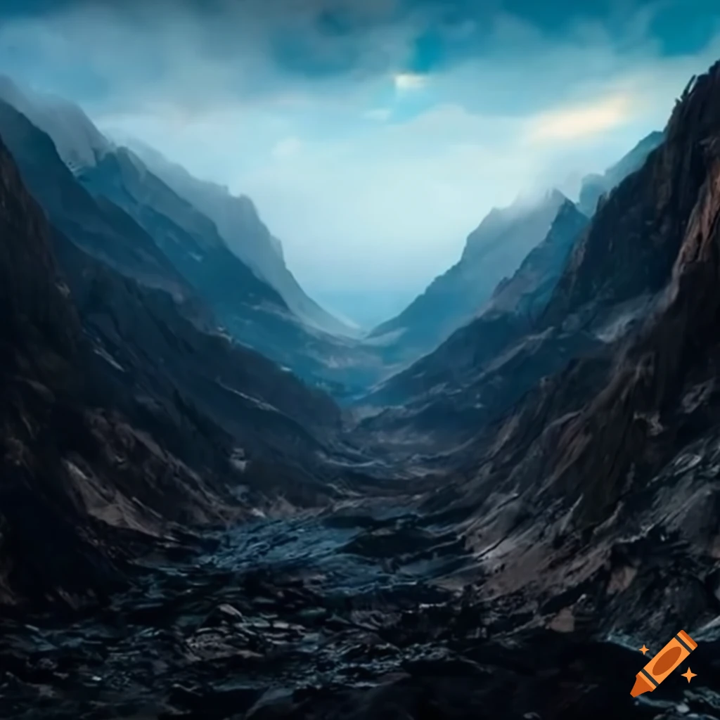 Chaotic view from a narrow mountain summit on Craiyon