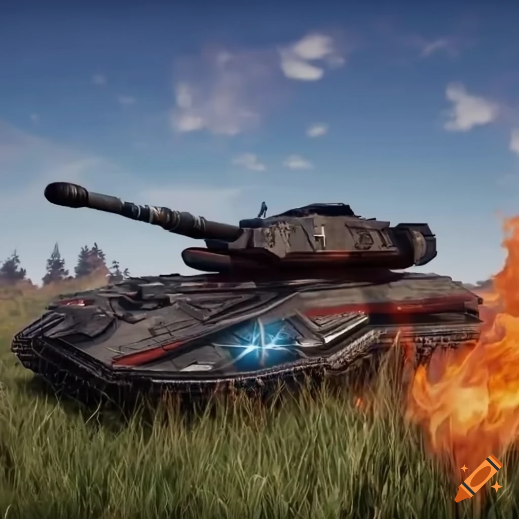 Sci-fi tank with us flag and black smoke on grassland on Craiyon