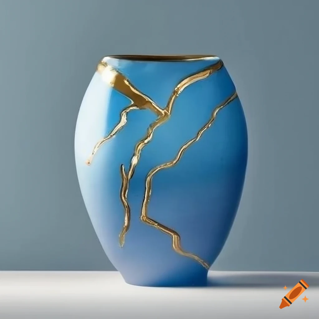 Kintsugi vase with blue and gold accents on Craiyon