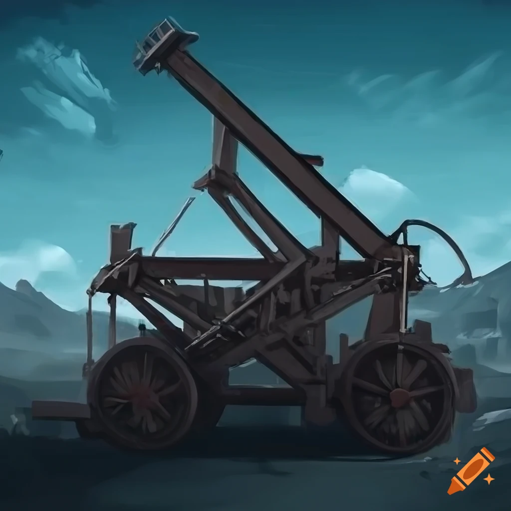 Illustration of a fantasy siege engine and stone wall on Craiyon