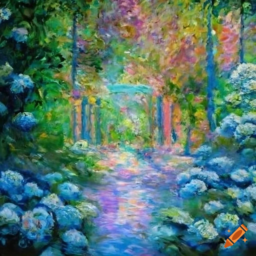 Monet painting of a garden with hydrangeas and butterflies