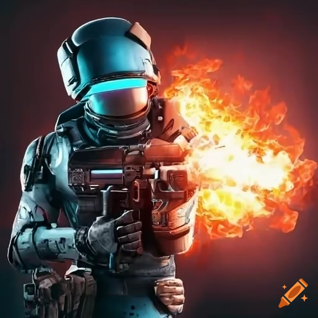 Futuristic soldier shooting fire from flamethrower on Craiyon