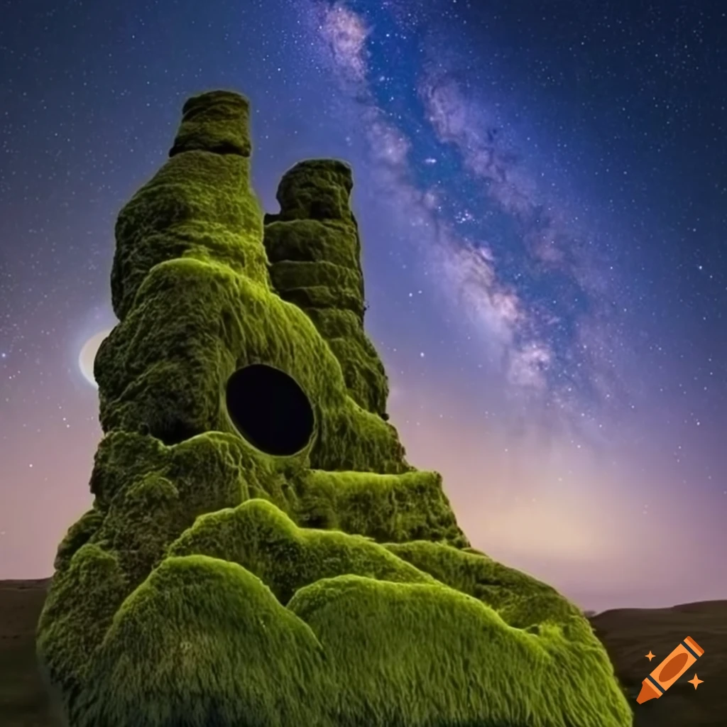 Futuristic integrated wall in a biodiverse landscape with milky way background on Craiyon