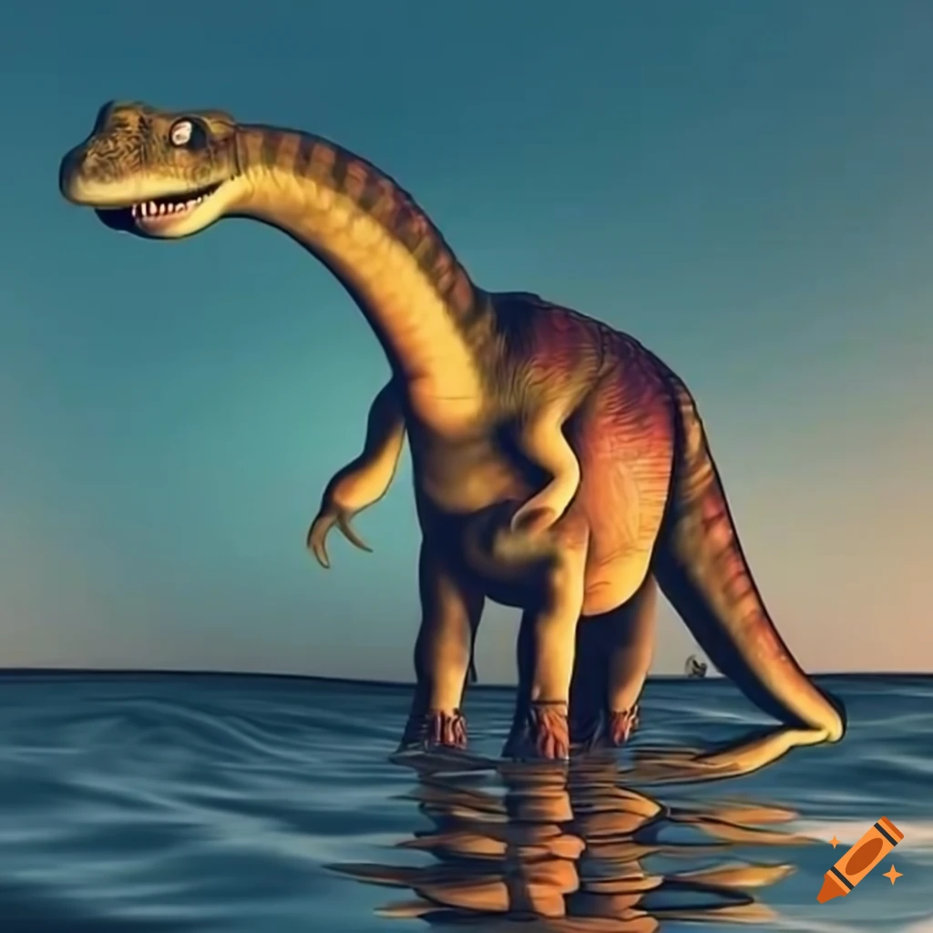 Illustration of a sharp-dressed brontosaurus on a yacht on Craiyon