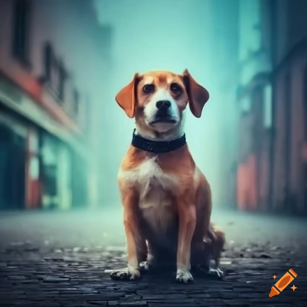Man walking a large dog across a busy street on Craiyon