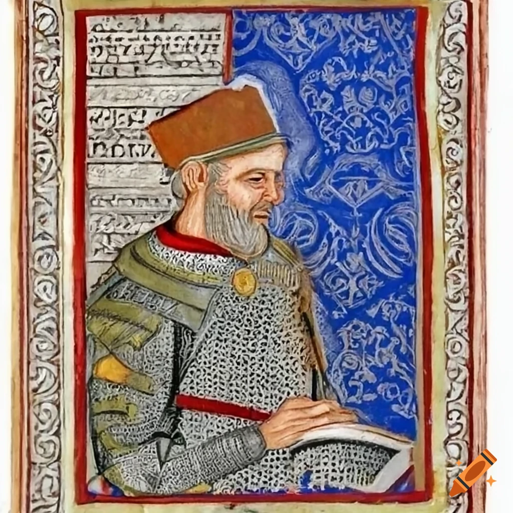 Medieval knight reading a book in illuminated style