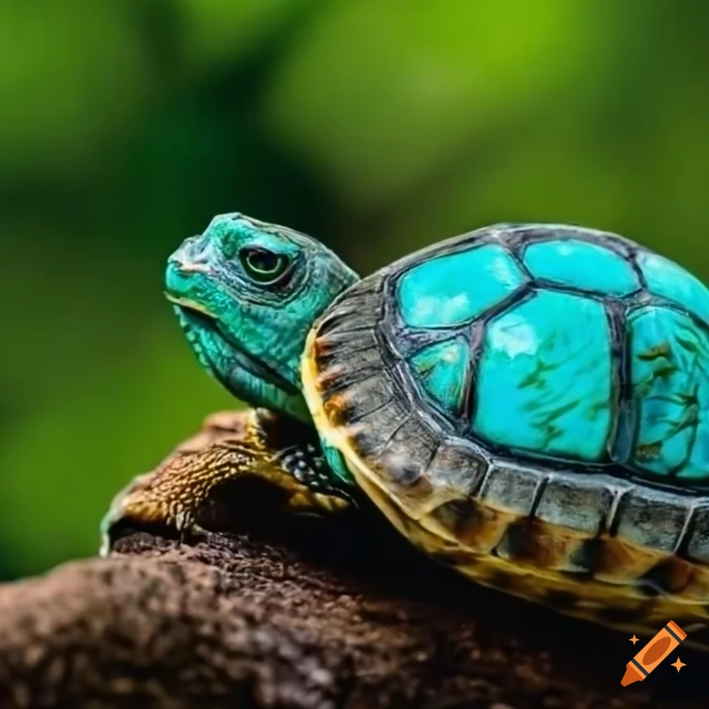 Close-up of a turquoise leopard turtle in the jungle on Craiyon