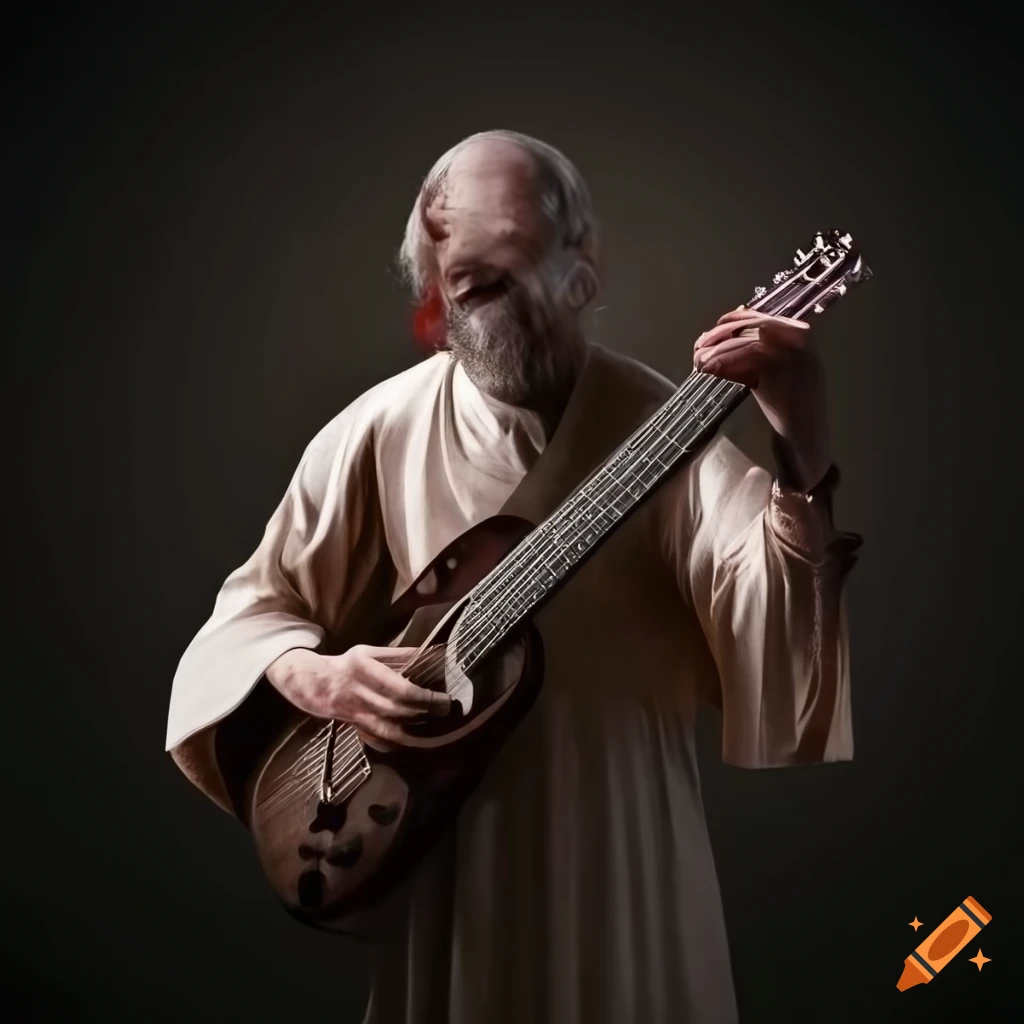 Priest playing guitar in the desert with rock god background on Craiyon