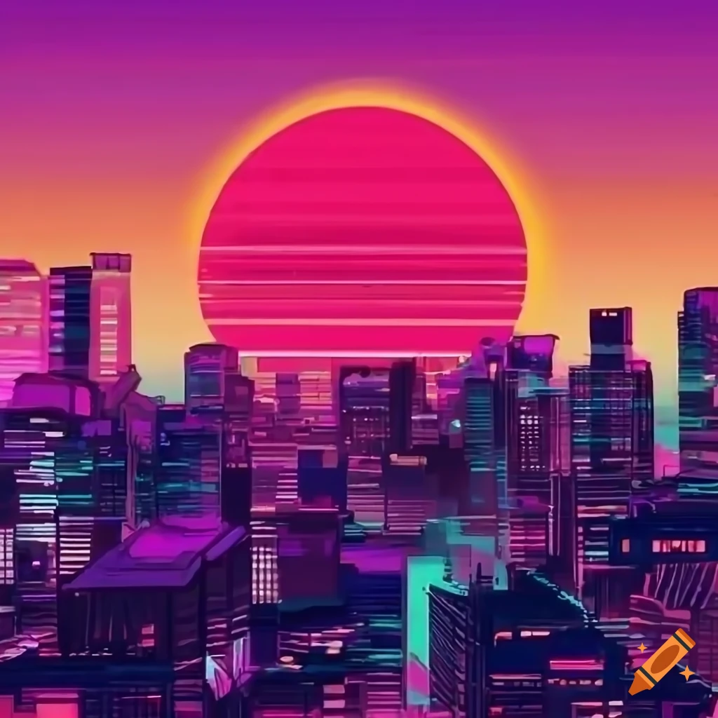 Digital illustration of a synthwave sunset cityscape on Craiyon